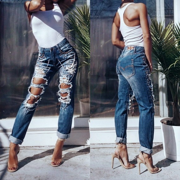 Machine | Jeans | Distressed Rhinestone Detail Boyfriend Jeans | Poshmark